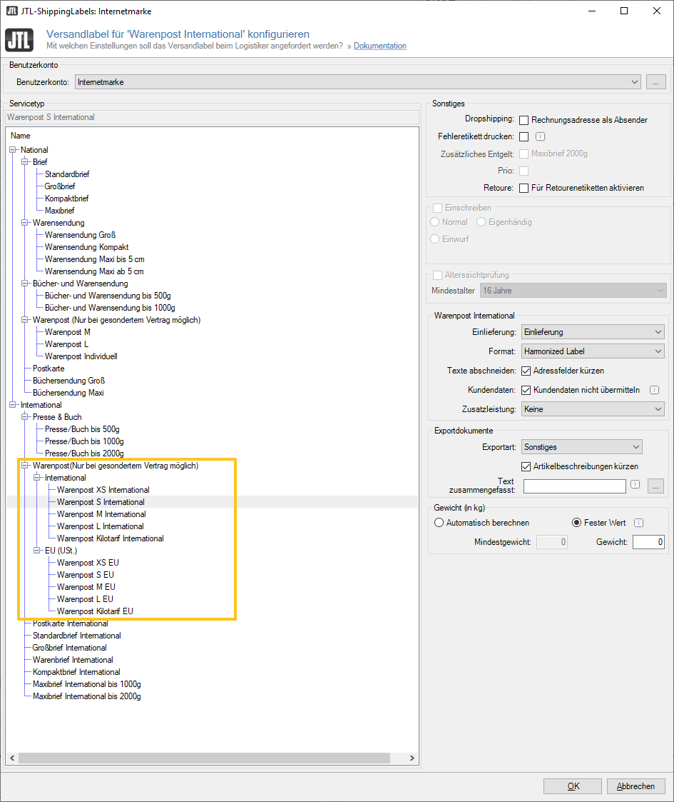 Einrichtung Internationale Warenpost – JTL-Guide