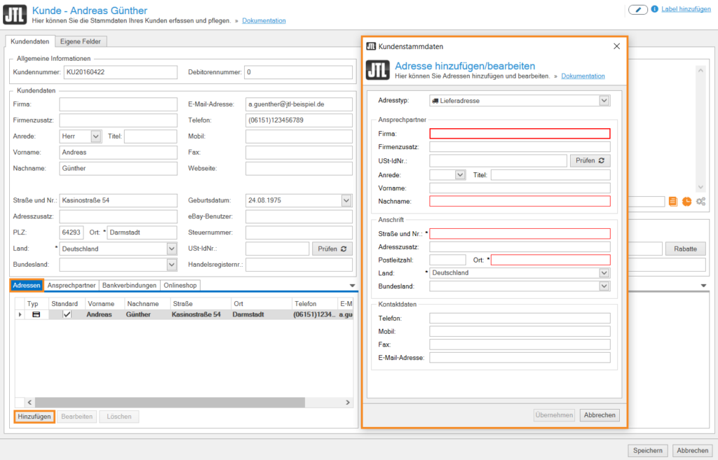 Adressen zu einem Kunden hinzufügen – JTL-Guide