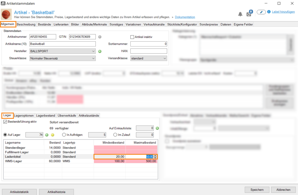 Mindest- und Maximalbestände pro Lager pflegen – JTL-Guide