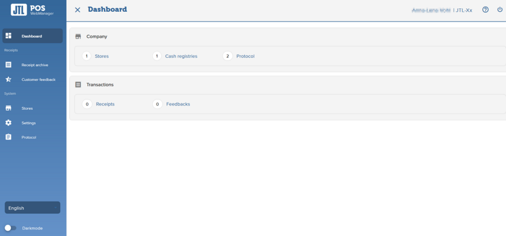 Dashboard and menu of JTL-POS WebManager – JTL-Guide