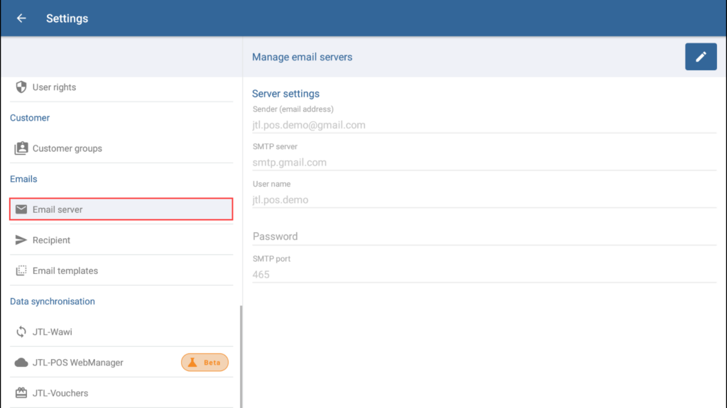 Detailed description: Managing email servers – JTL-Guide