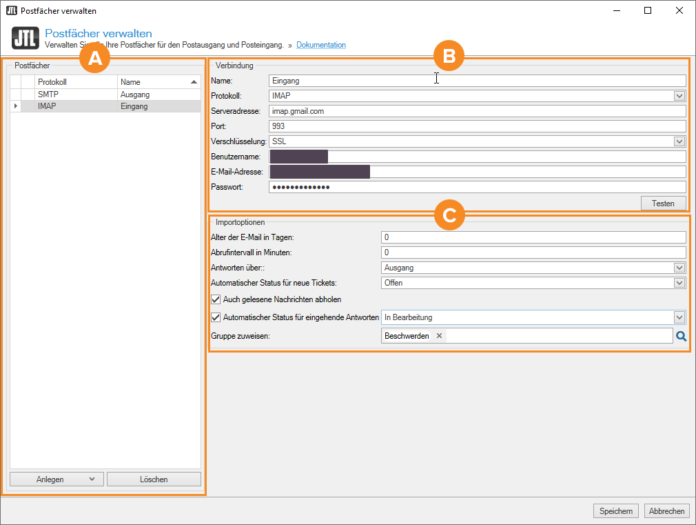 Dialogfenster: Postfächer verwalten – JTL-Guide