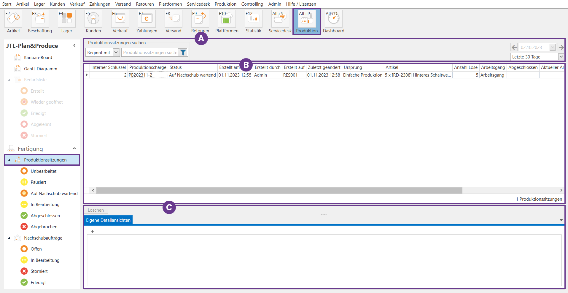 Detailbeschreibung Produktionssitzungen – JTL-Guide