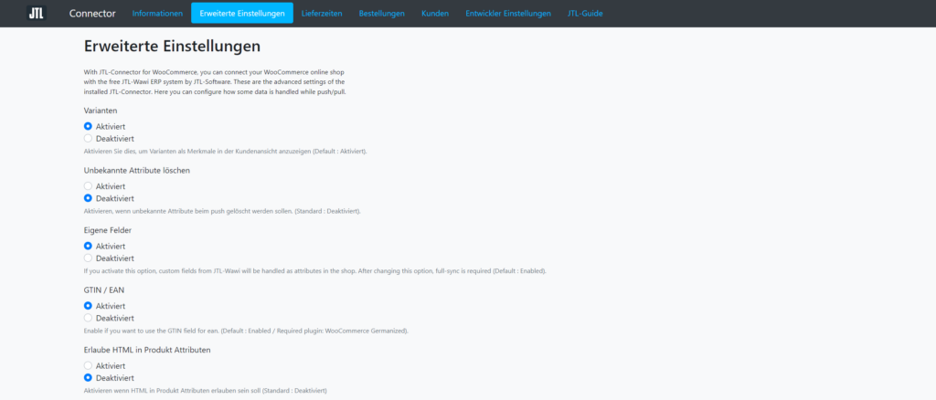 Detailbeschreibung: Einstellungen für den JTL-Connector im WooCommerce-Backend – JTL-Guide