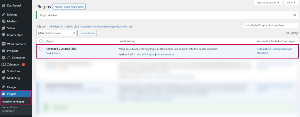 Advanced Custom Fields (ACF) Plugin verwenden – JTL-Guide